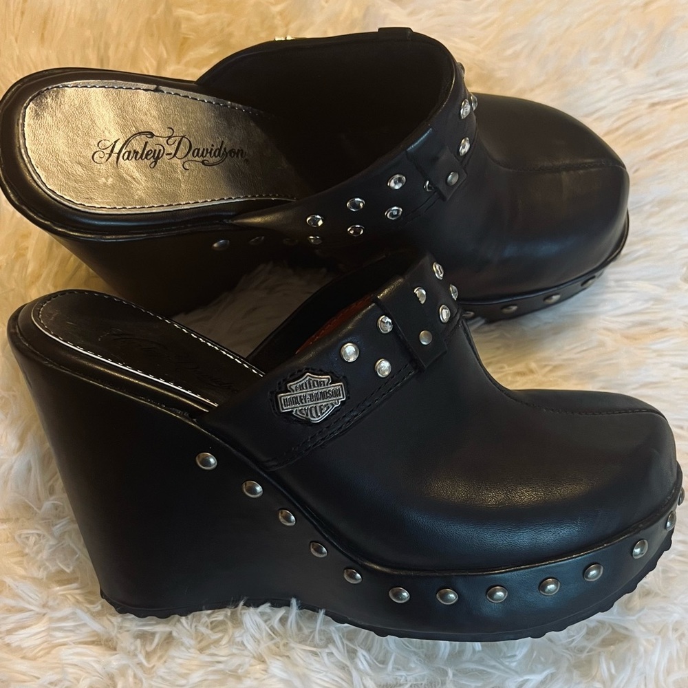 Harley Davidson Clogs Silver Studded Black Leather - Gem